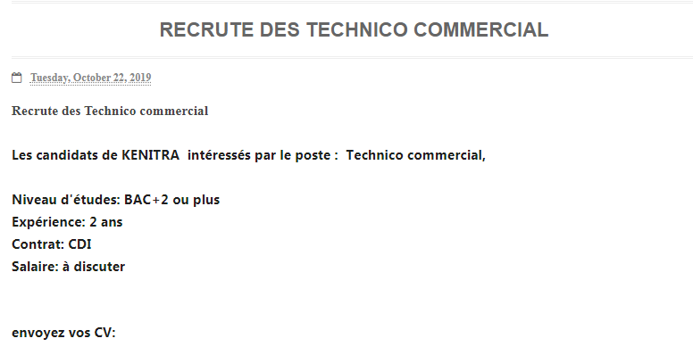 RECRUTEMENT DES TECHNICO COMMERCIAL