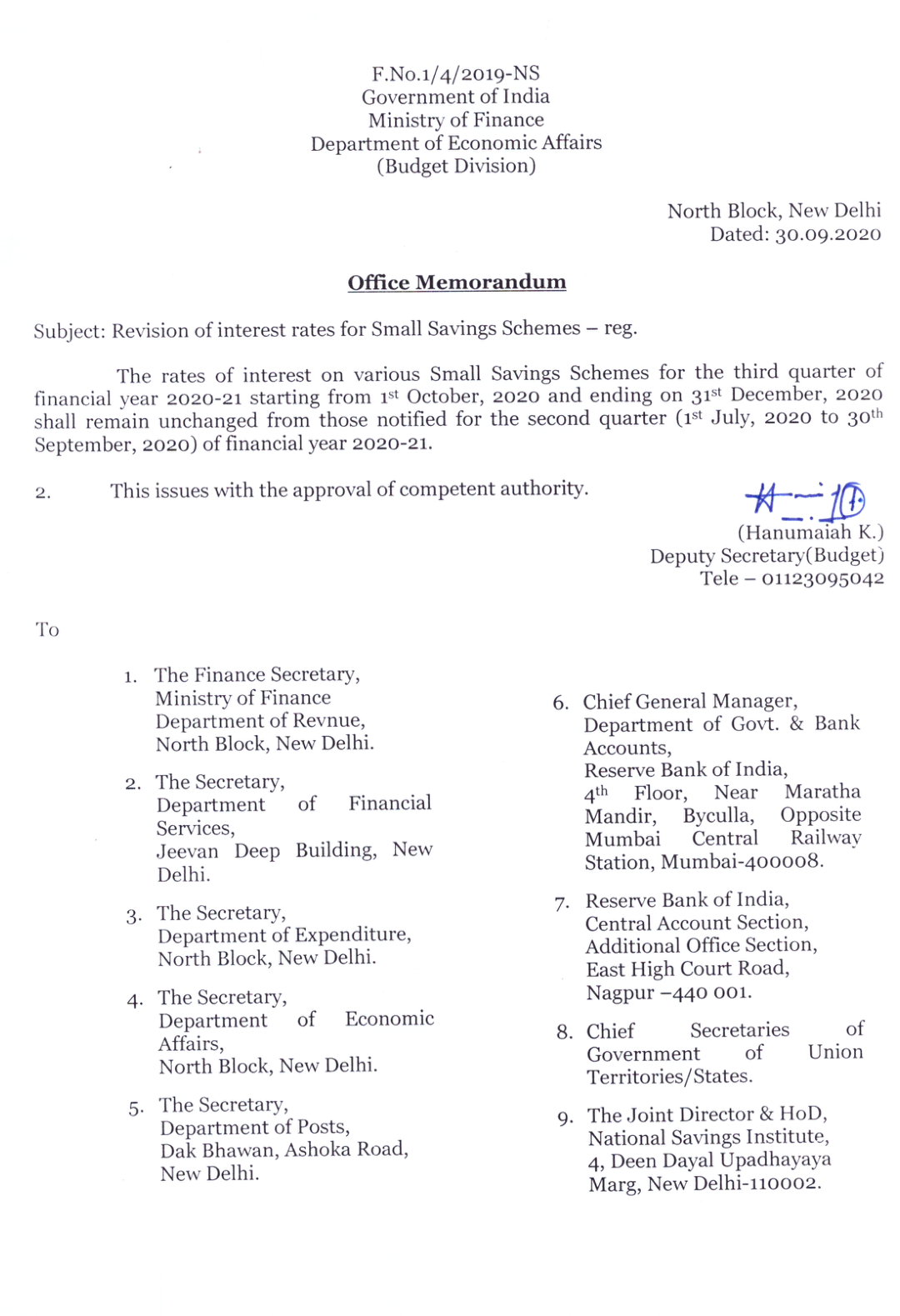 Interest Rates for Small Saving Schemes remain unchanged for Q3 2020 ...