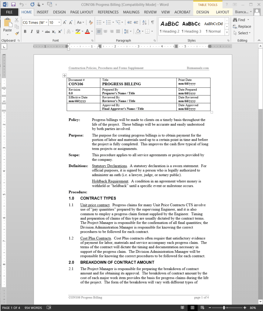 Progress Billing For Construction Sample - Invoice Template