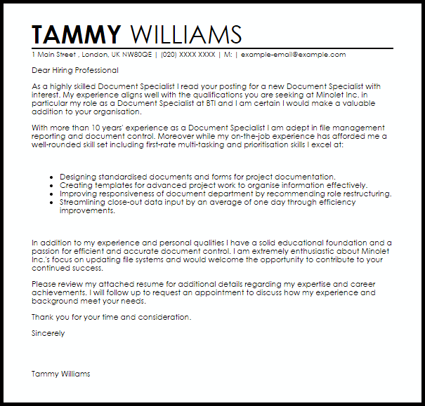 Documentation Specialist Cover Letter - Cover Letter