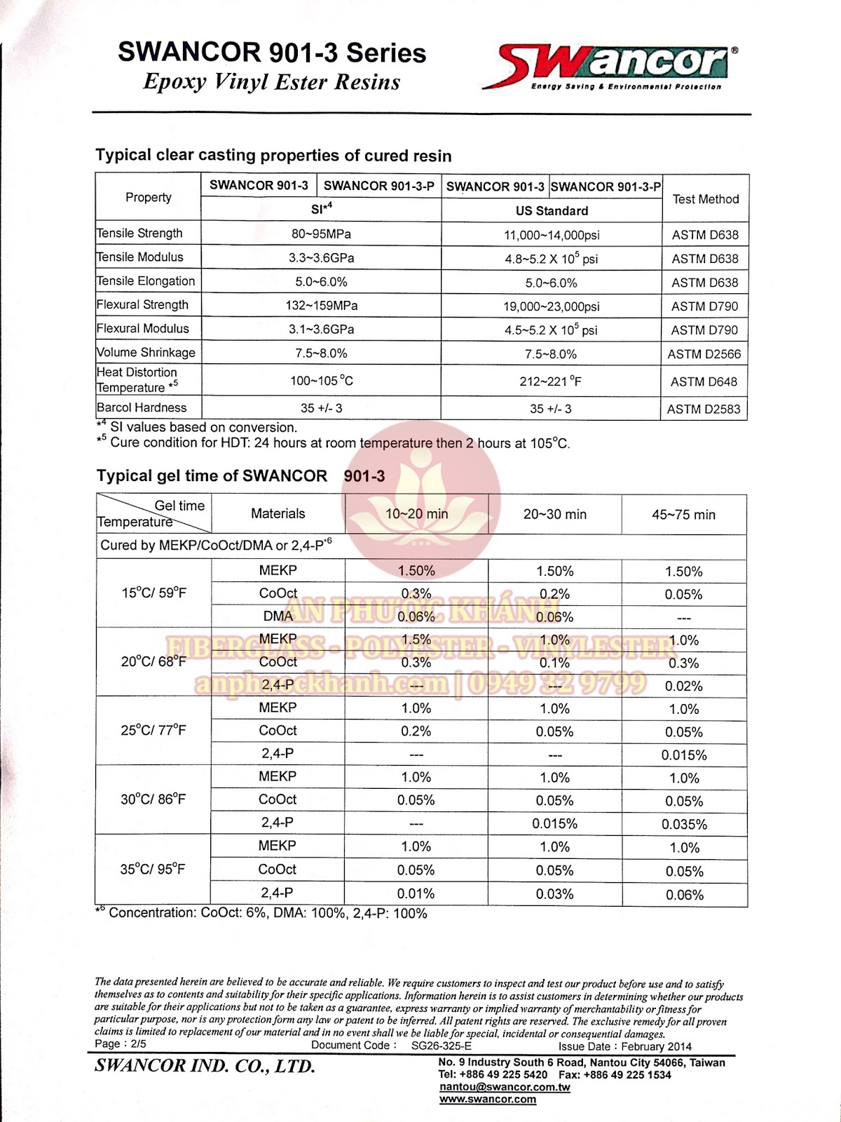 NHỰA EPOXY VINYL ESTER RESINS SWANCOR 901 (TAIWAN) - TƯ VẤN BỌC COMPOSITE FRP