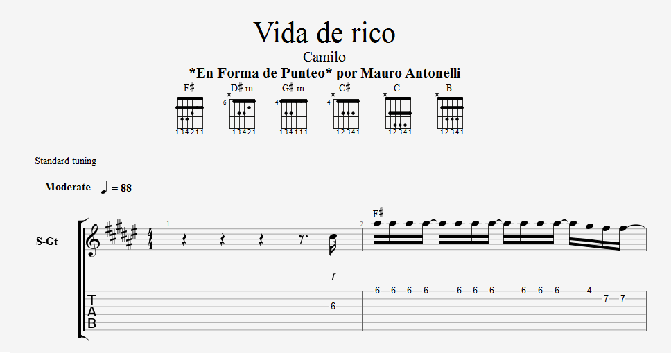 Vida de rico [Camilo] Partitura + Tabs + Acordes + Acompañamiento
