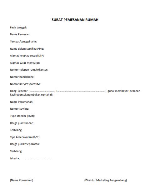 Fungsi dan Contoh Surat Pemesanan Rumah (SPR)