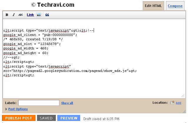 How to parse HTML and adsense codes in blogger ~ Techravi