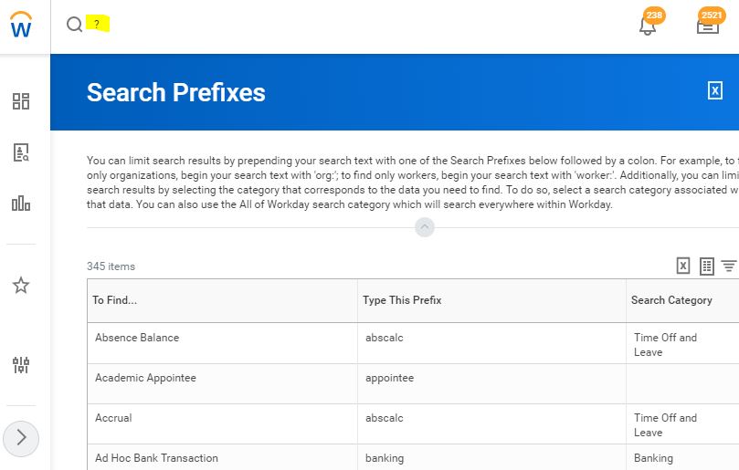 Workday Finance: Search Prefixes