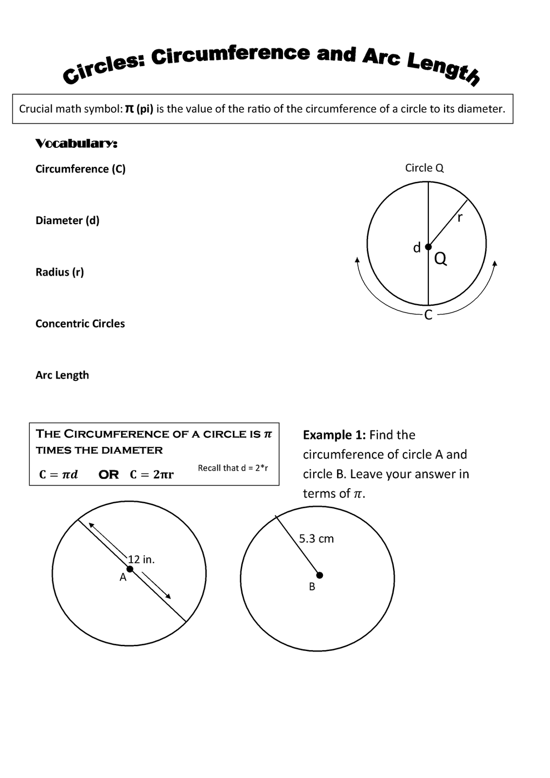 Geometry: Chapter 5-7 Circles: Circumference and Arc Length
