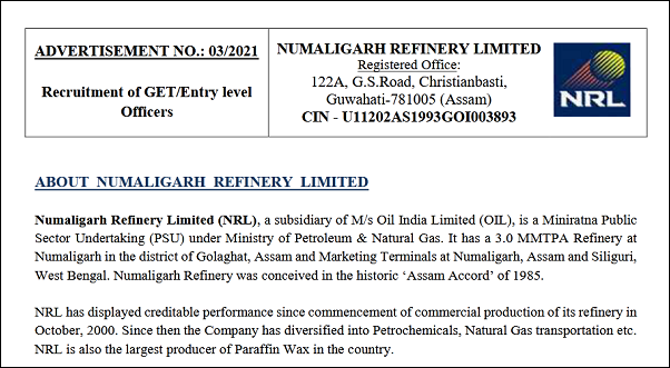 Numaligarh Refinery Limited Recruitment 2021: Graduate Engineer Trainee ...