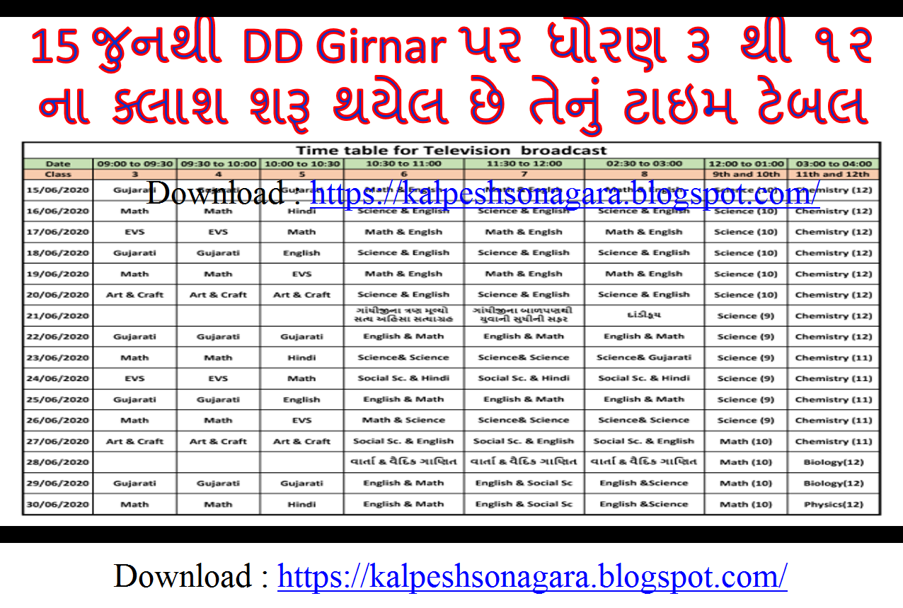 DD Girnar Time Table For Std 3 To 12 All Gujarat Students