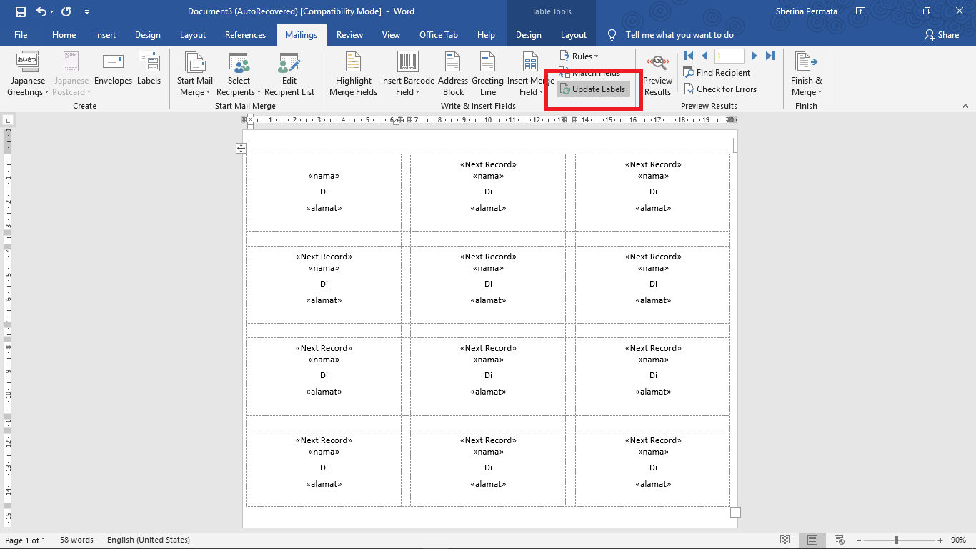 Cara membuat Label Undangan Ukuran 103 dengan Mail Merge (Word 2016) - Sherina's Journey