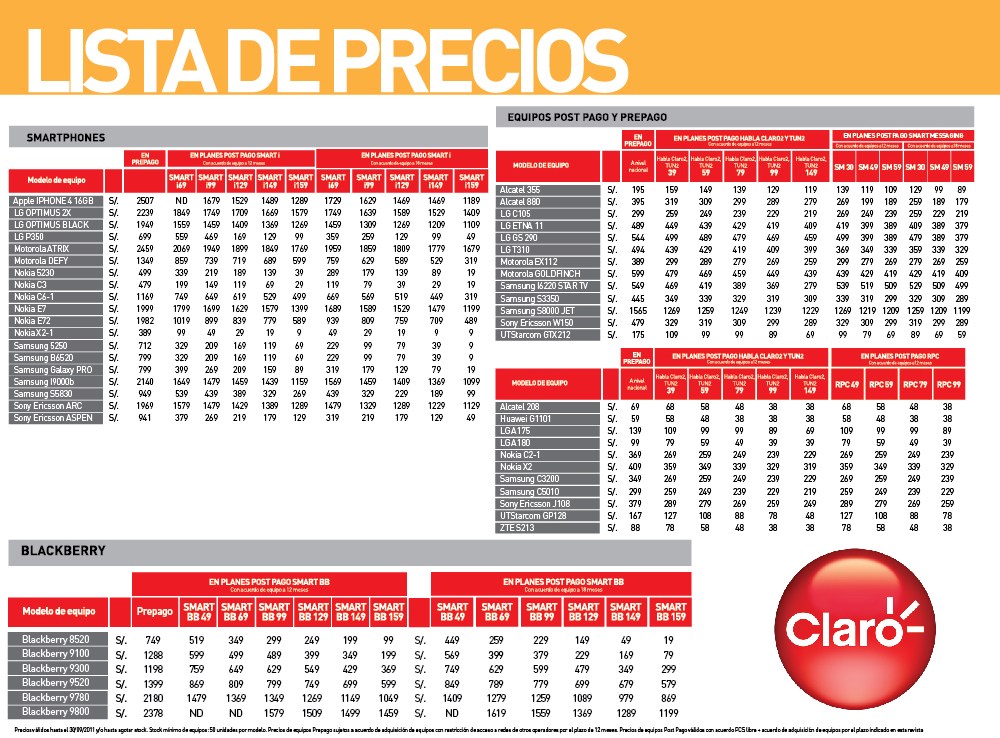 CLARO QUE TIENES MAS: Lista de Precios de Equipos Claro Septiembre 2011