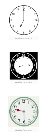Tunjukkan dengan gambar pukul 07.00, pukul 08.15, dan pukul 21.30 ...