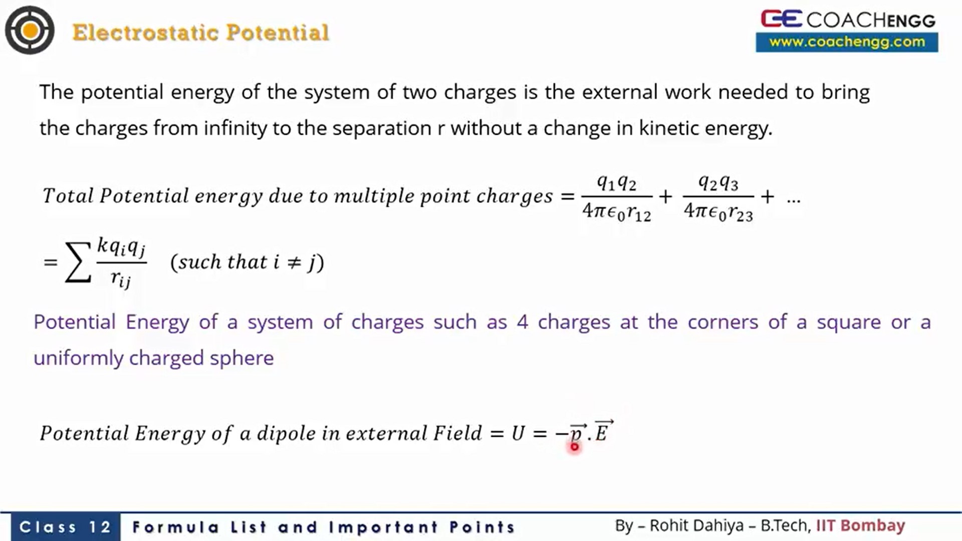 Electrostatic Potential & Conductors – Formula List & Important Points