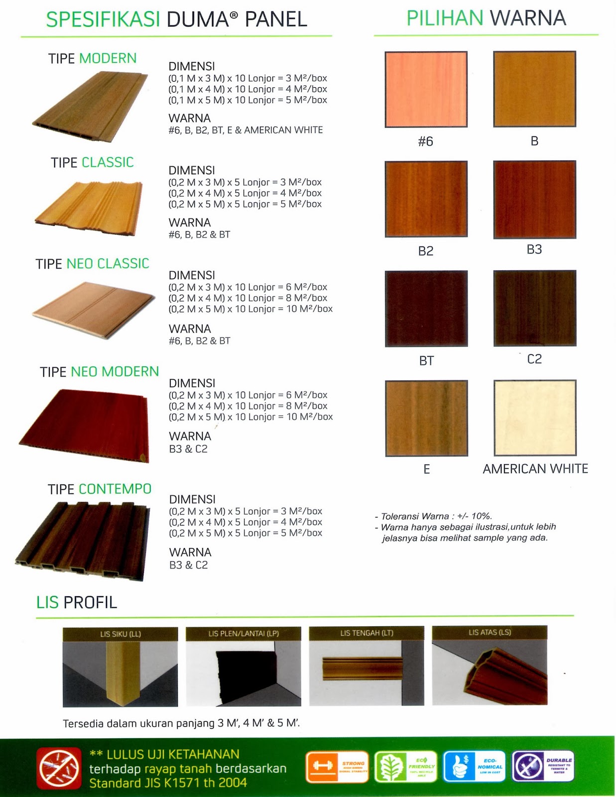 DUMA PANEL,DUMA PLAFON,PLAFON DUMA,WALL PANEL,DINDING DUMA: SPESIFIKASI