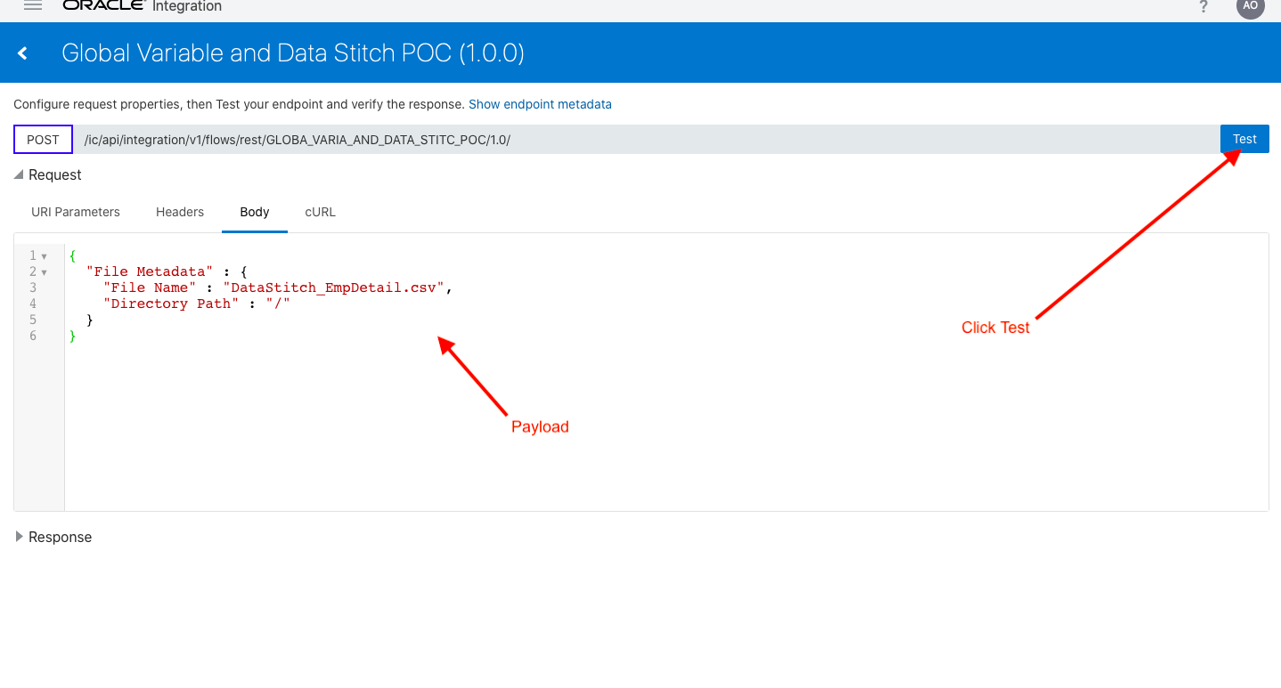 You can see the output in response window.