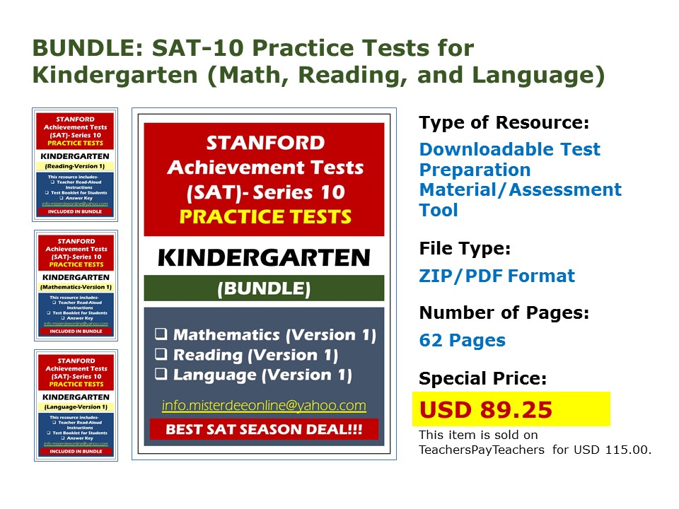 ONLINE SAT-10 Practice Tests for KG, Grade 1, and Grade 2: BUNDLE: SAT ...