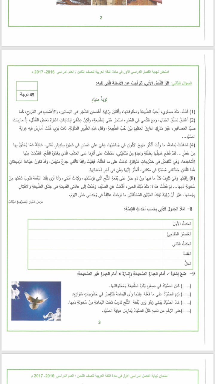 الامتحان الوزاري لمادة اللغة العربية للصف الثامن نهاية الفصل الدراسي