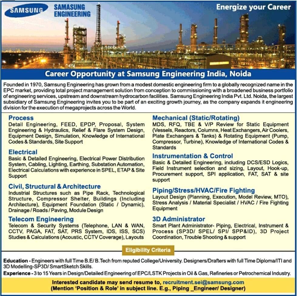 Career Opportunity @ Samsung Engineering India for Process | Electrical ...
