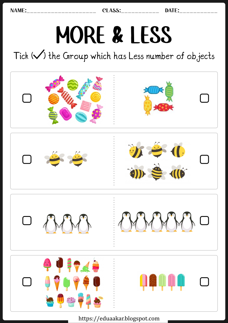 More and Less worksheets for Preschool and Kindergarten kids