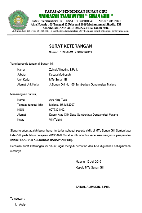Contoh Surat Keterangan PKH dari sekolah - MTs SUNAN GIRI