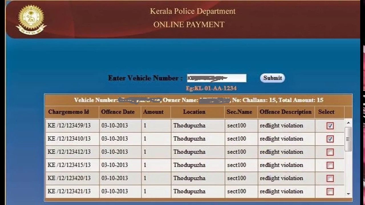kerala Traffic E-Challan Status and Pay Online