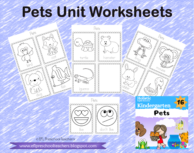 ESL/EFL Preschool Teachers: Pets Unit Worksheets for Kindergarten ELA
