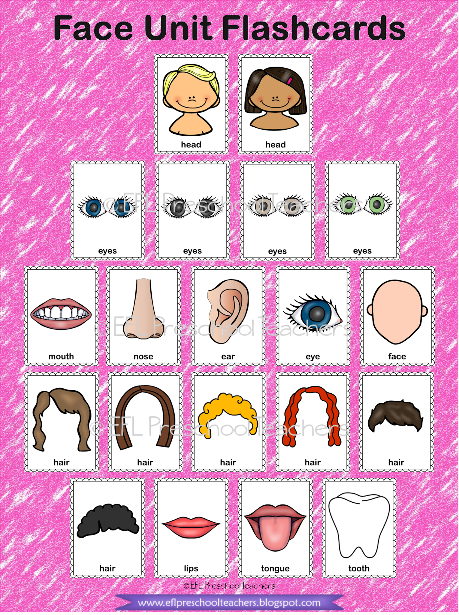ESL/EFL Preschool Teachers: Face Theme Flashcards for Kindergarten EFL