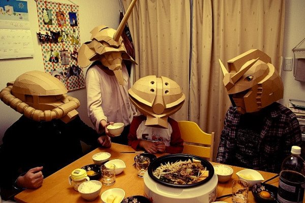 Gundam with Zeon MS and Evangelion cardboard heads