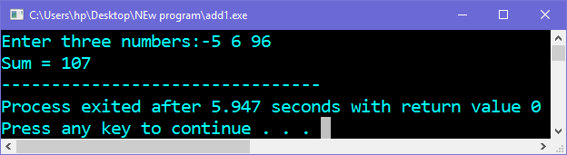 Program In C And C To Calculate Sum Of Three Numbers Using Function