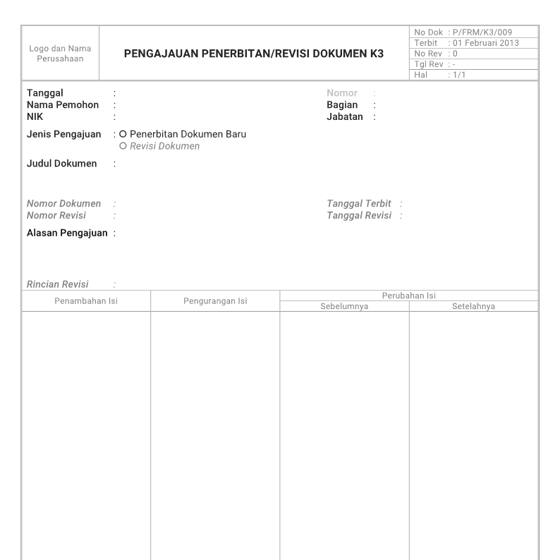 Formulir Pengajuan Penerbitan/Revisi Dokumen K3 - Manajemen K3 Umum