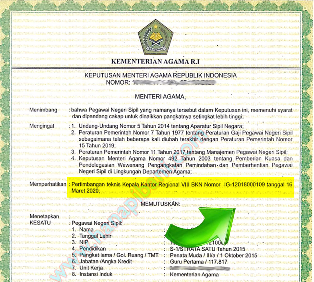 √ √ Dimana Letak Nomor dan Tanggal Pertek BKN pada SK?