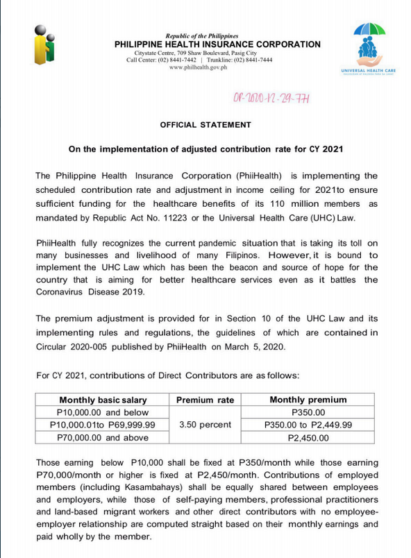 PhilHealth Members Adjustment Contributions for 2021 [Official Statement]