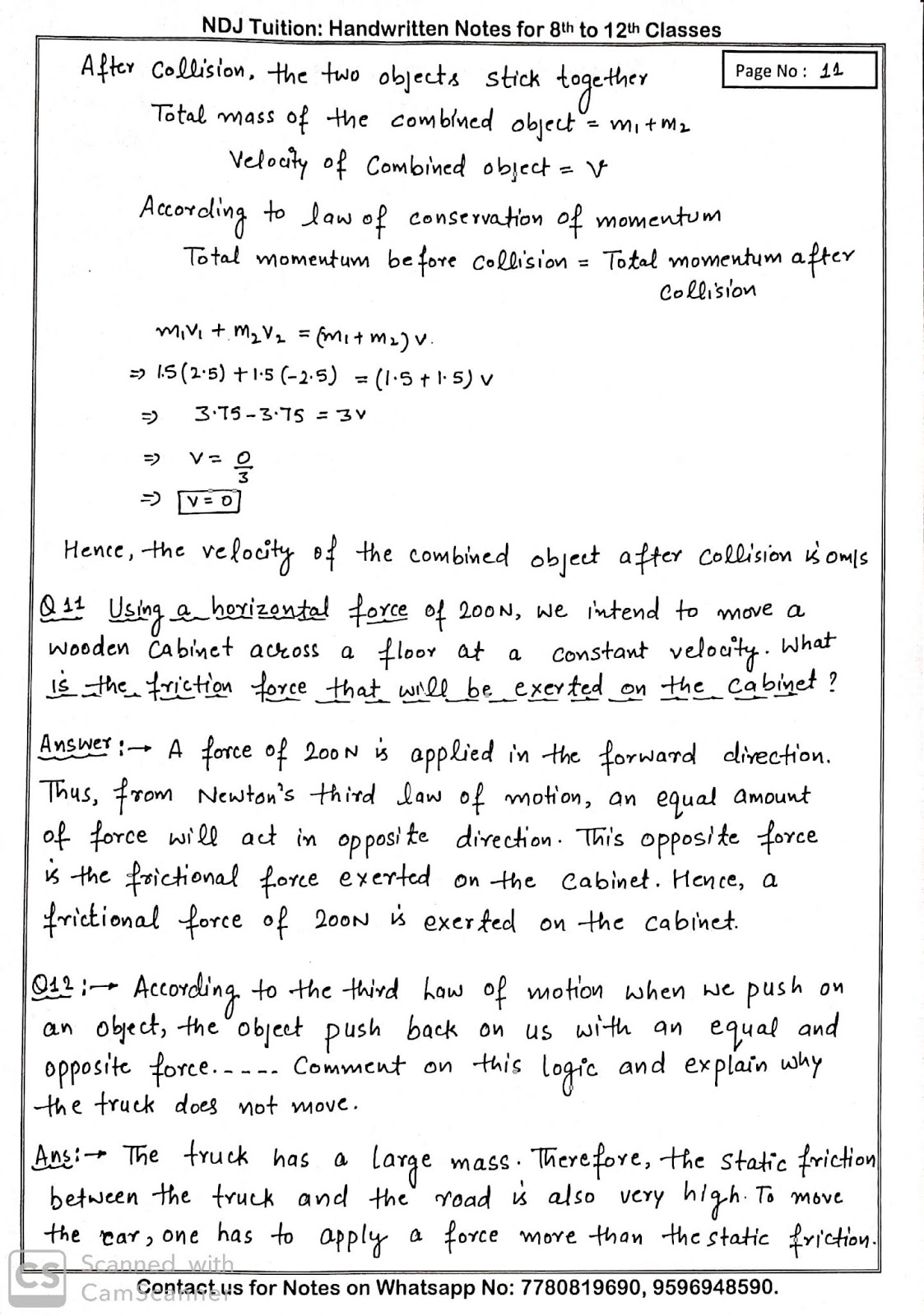 Force And Laws Of Motion Handwritten Notes for 9th Class