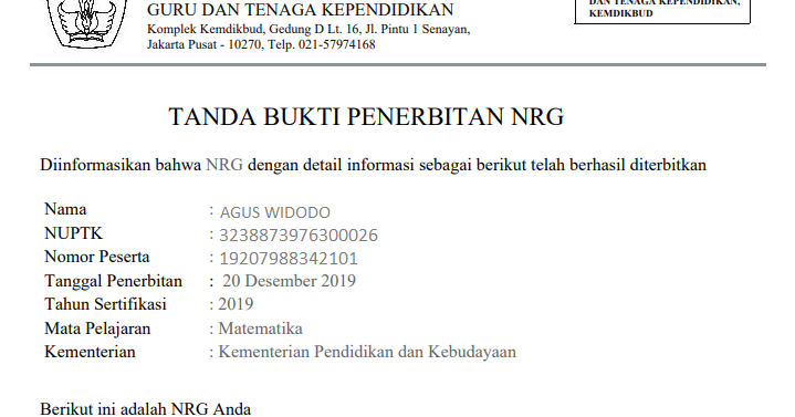 Cara Printout Bukti Penerbitan NRG Resmi dari Kementerian GTK Tahun ...