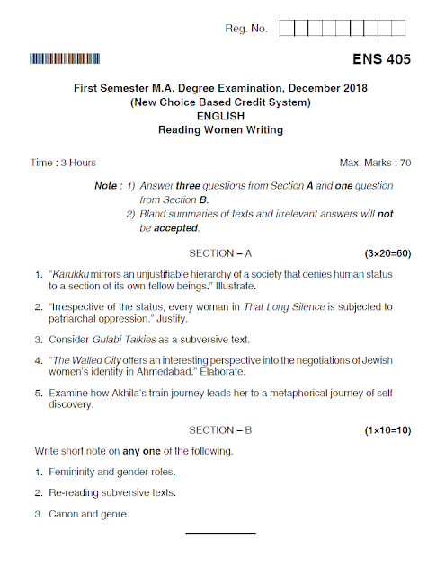 Mangalore University MA ENGLISH First Semester ENS 405 Reading Women ...