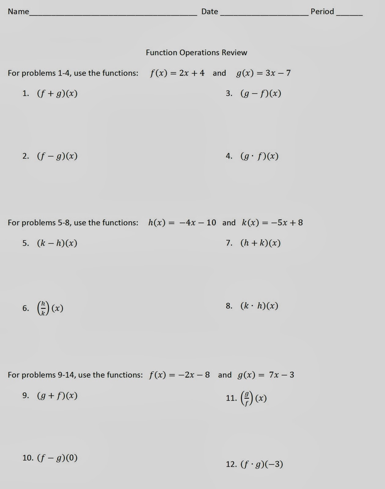 Mr Matts Math Classes Assignment Function Operations Review