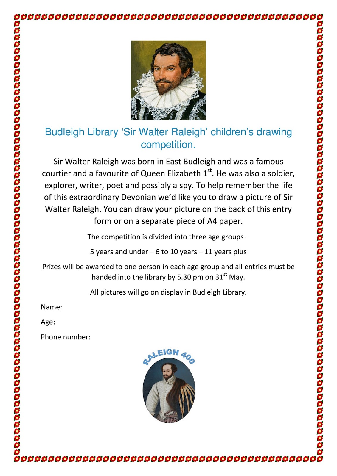 Raleigh 400: Budleigh Library 'Sir Walter Raleigh' children's drawing ...