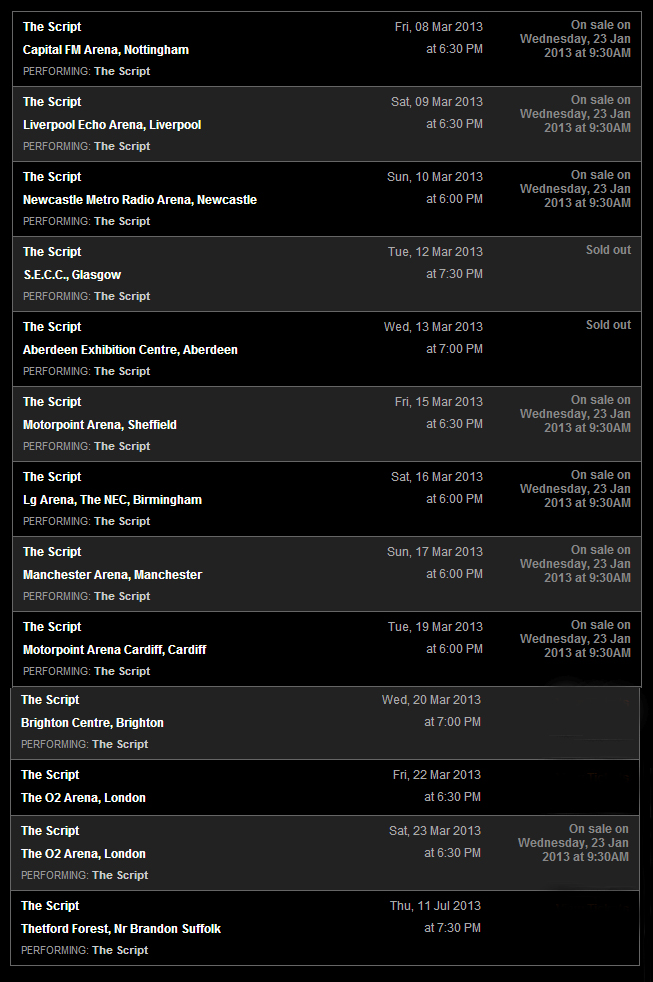 Danny O'Donoghue.net: The Script - Extra Tour Tickets