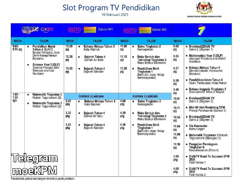 Jadual Slot Program TV Pendidikan (10 -14 Februari 2021)