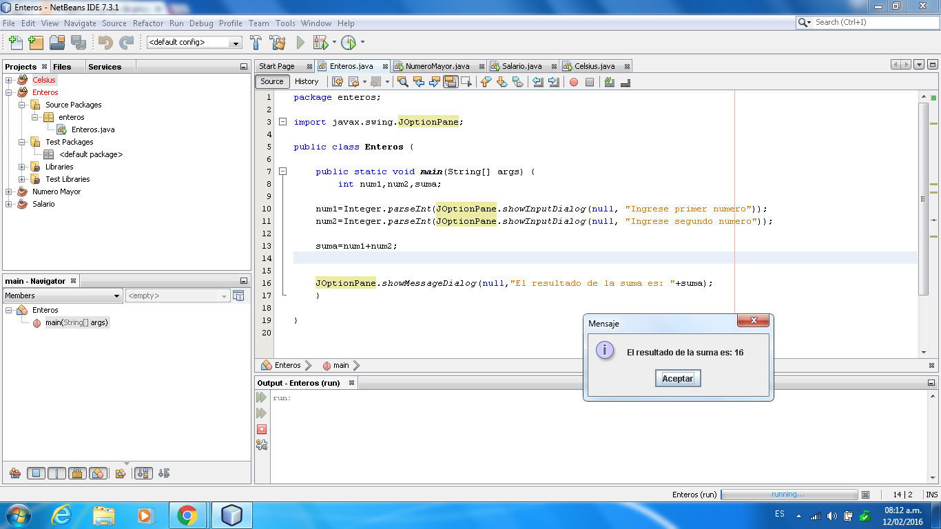 Lenguaje de programación Java I: Suma de enteros netbeans