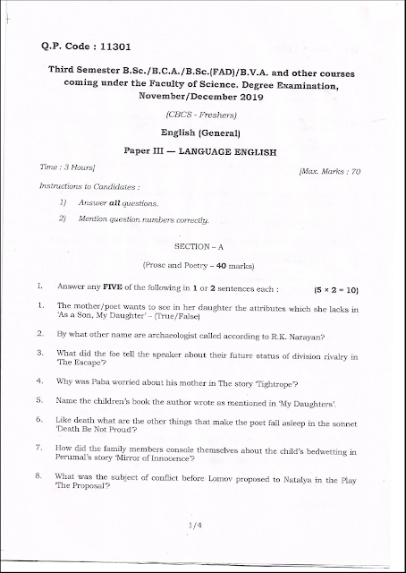 Bangalore University b.sc./b.c.a.b.sc. English (General ) Paper III ...