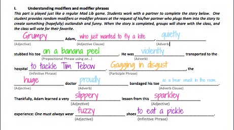 E, Myself, and I: Modifier Mad Libs (Printable Activity for Teachers or ...