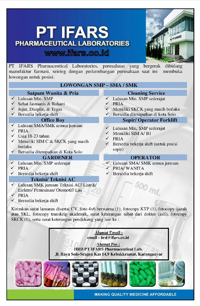 Lowongan Kerja PT IFARS PHARMACEUTICAL LABORATORIES