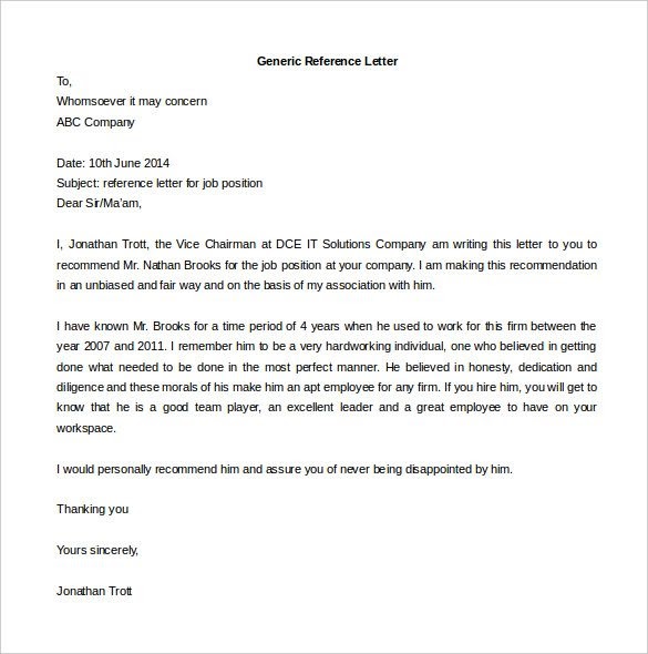 Generic Reference Letter Template ~ Resume Letter