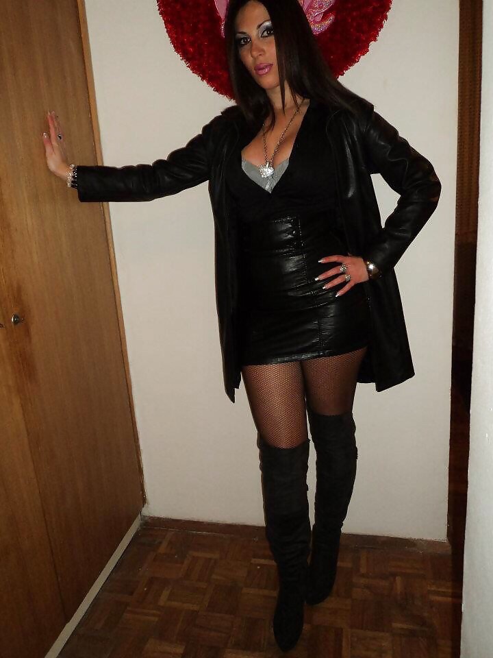 Vkdamochki Strict Brunette In Black Leather Coat Tight Minidress