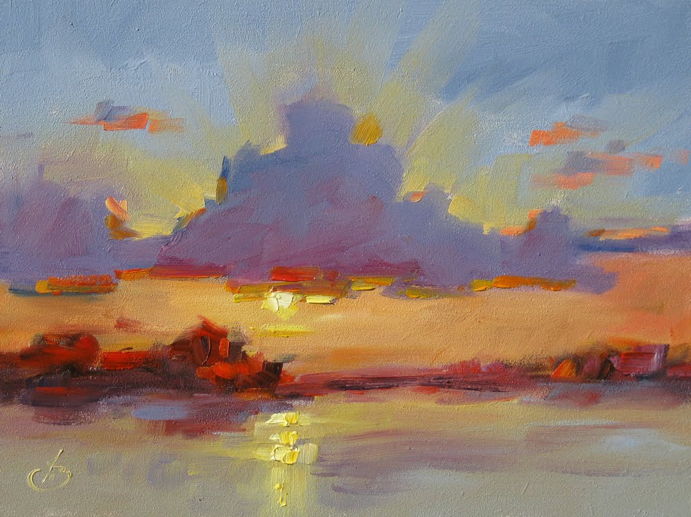 TOM BROWN FINE ART: SUNSET, CLOUDS, WATER, REFLECTIONS, 6x8 INCH ...