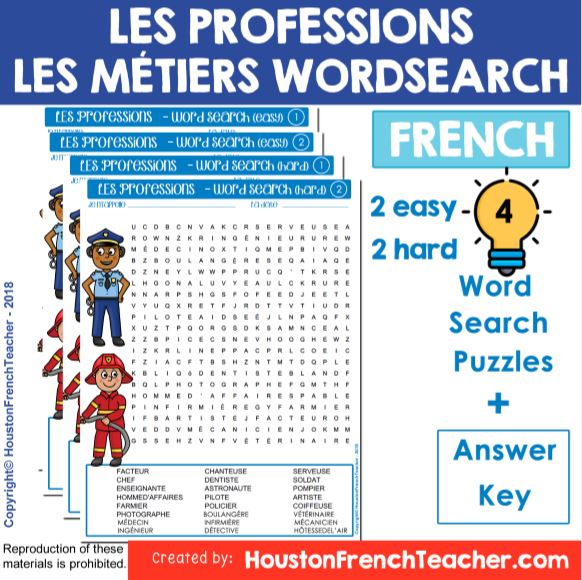 Les professions – French Jobs (Les métiers) Word Search (wordsearch ...