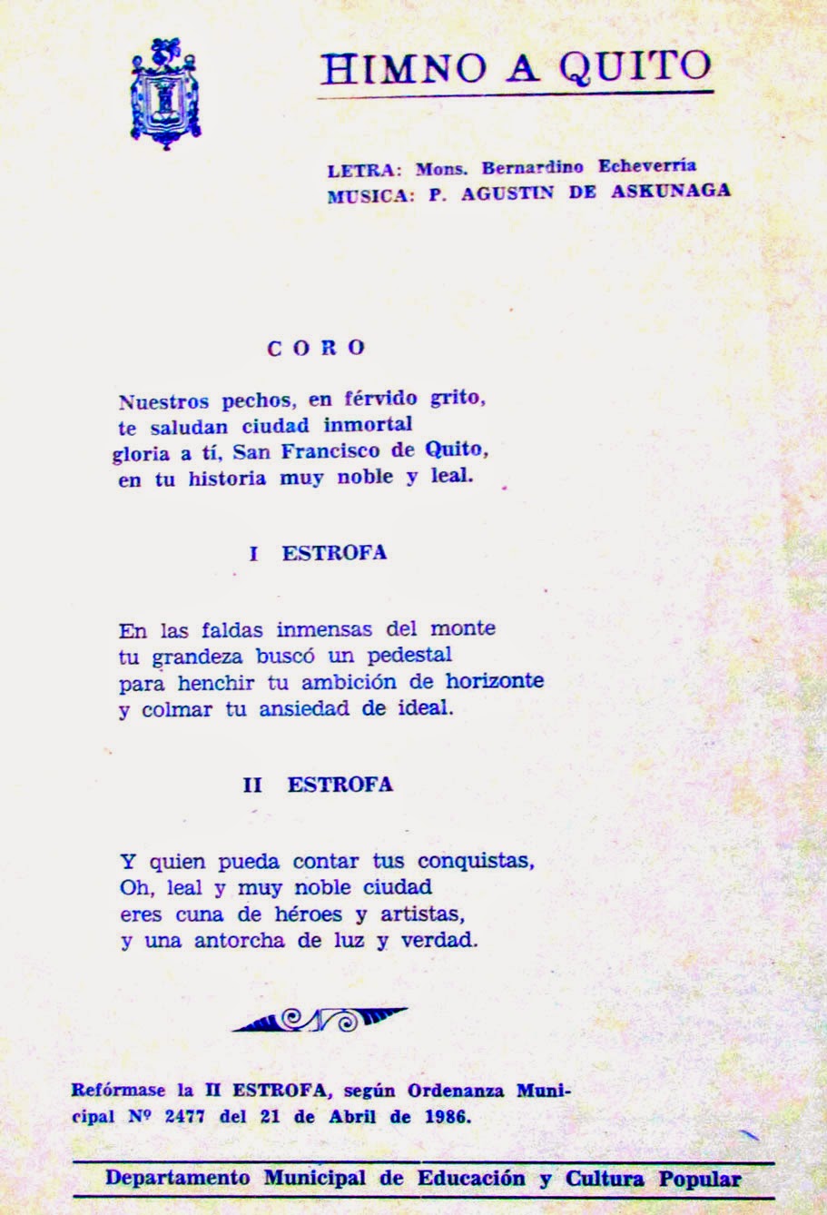 MEMORIA MUSICAL DEL ECUADOR: Himno a Quito: 70 años