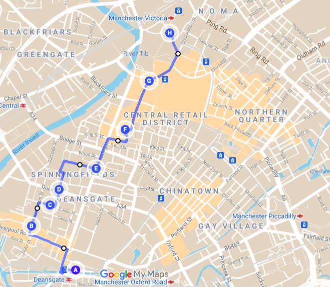 Spinningfields. A walk from Deansgate Castlefield to Manchester Victoria