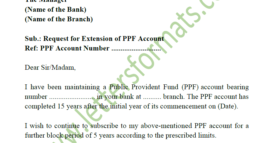 Letter to Bank Manager for Extension of PPF Account (Sample)