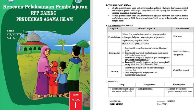 RPP Daring Satu Lembar Mapel PAI dan BP Kelas 1 SD Kurikulum 2013 - SekolahDasar.Net
